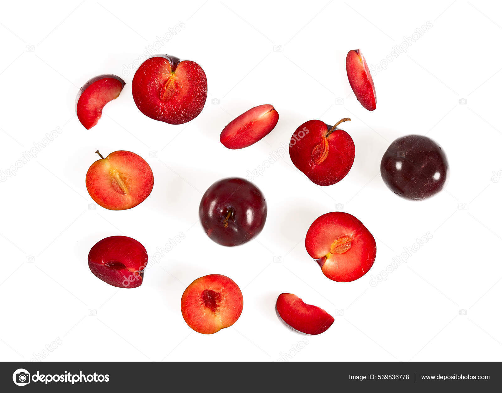 Red Cut Whole Plums Isolated White Surface Top View — Stock Photo ...