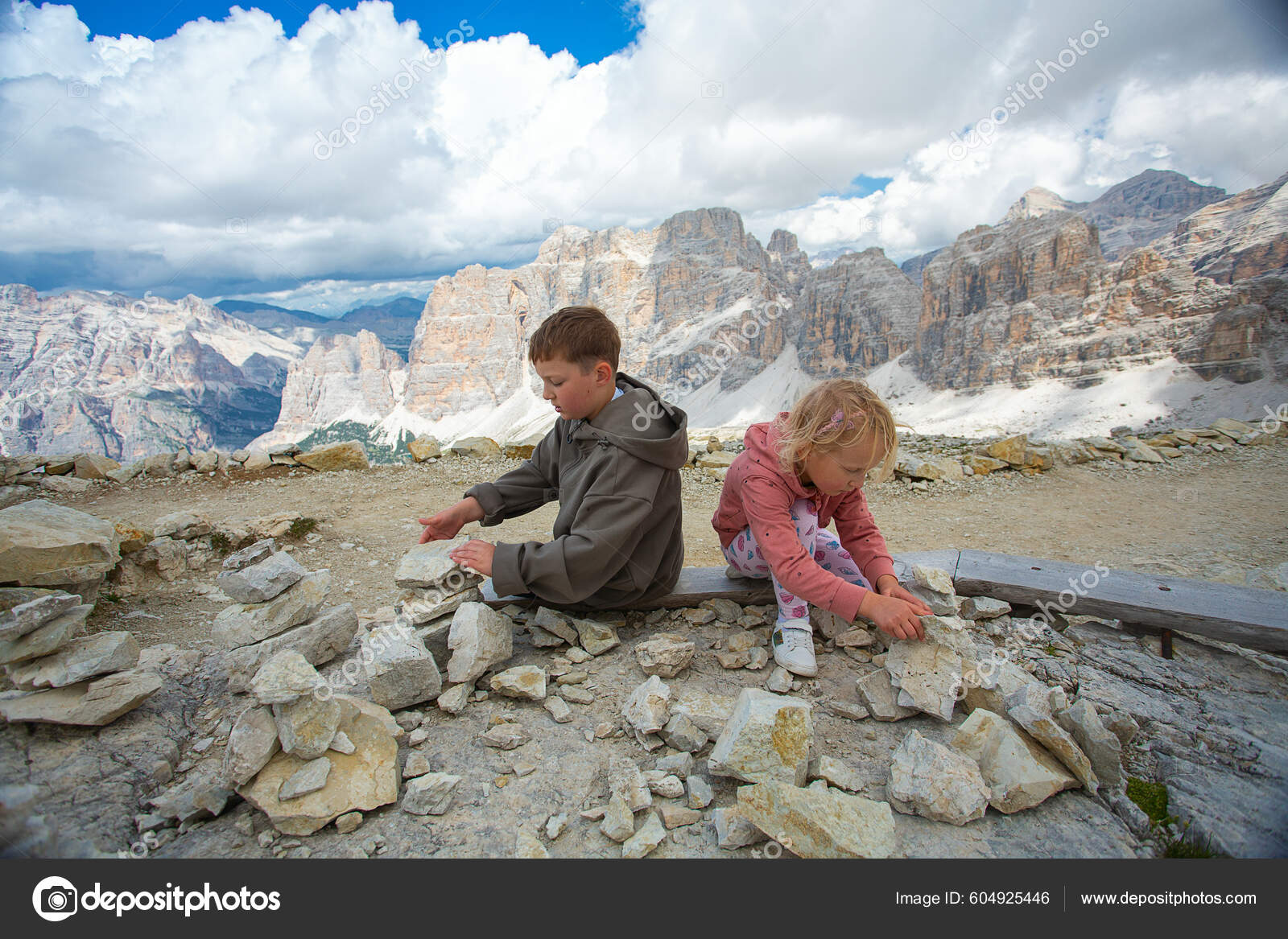 Cute Kids Building Stacks Stones Mountains Italian Dolomites Family ...