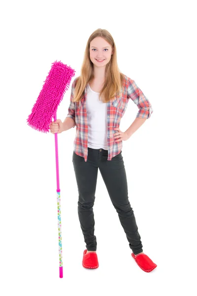 Sad beautiful girl with pink mop isolated on white Stock Photo by ©Di ...