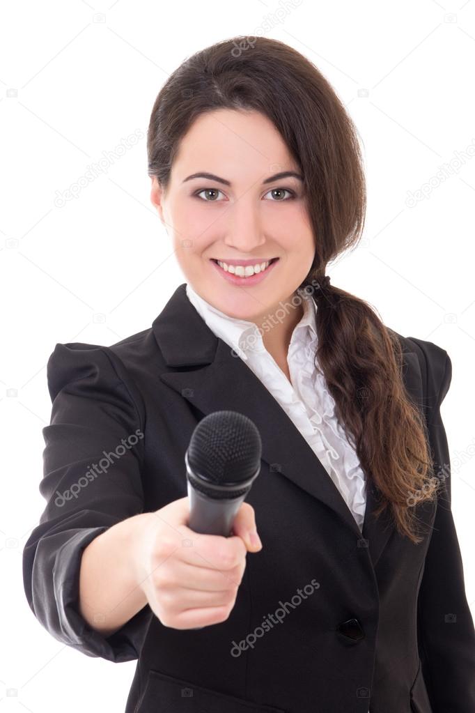 Young beautiful female reporter with microphone isolated on whit Stock ...