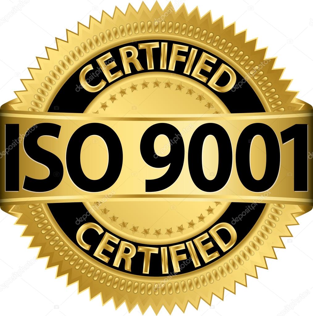 Etiqueta de oro certificada ISO 9001, ilustración vectorial 2025