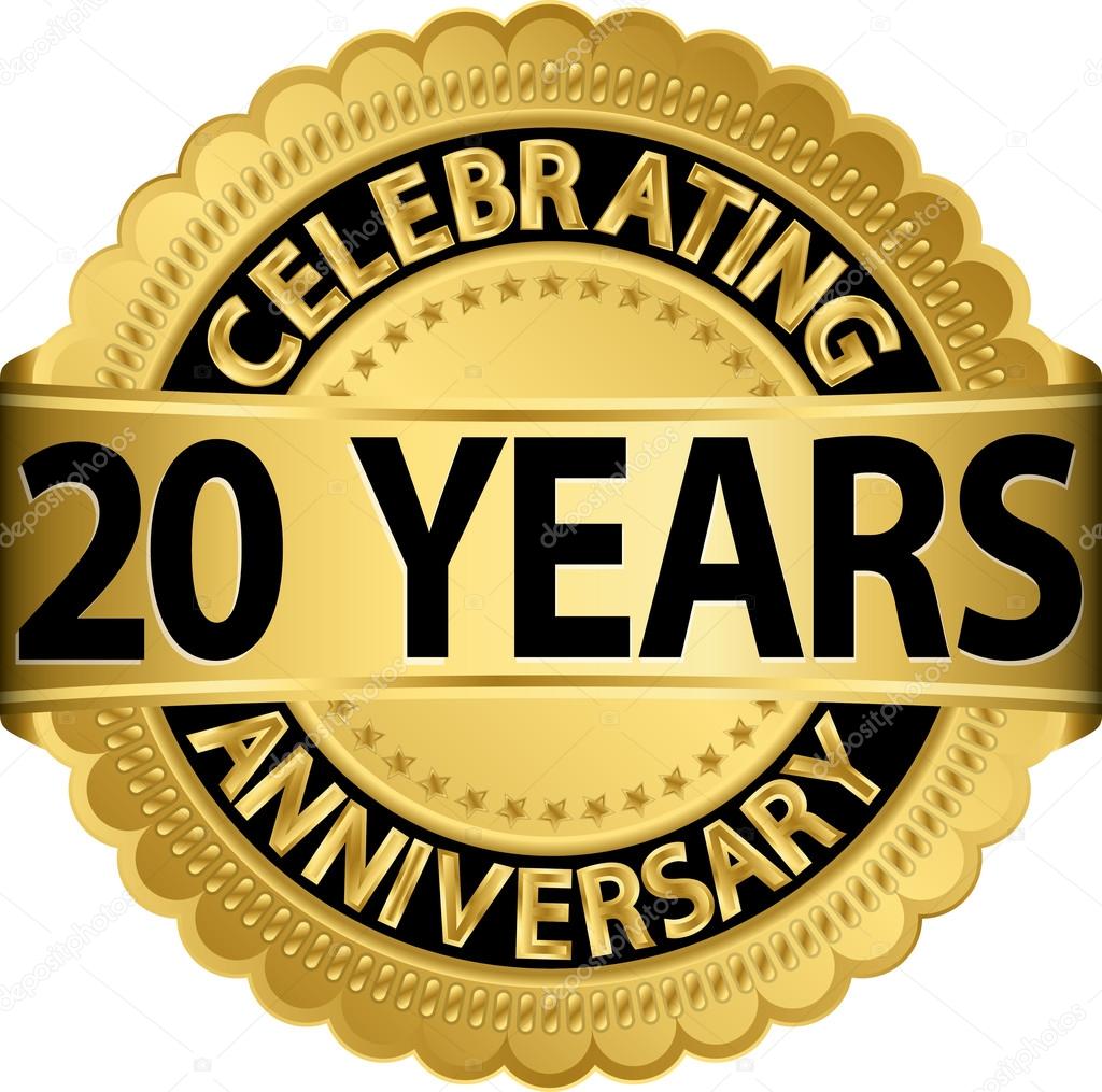 Celebrating 20 years anniversary golden label with ribbon, vector ...