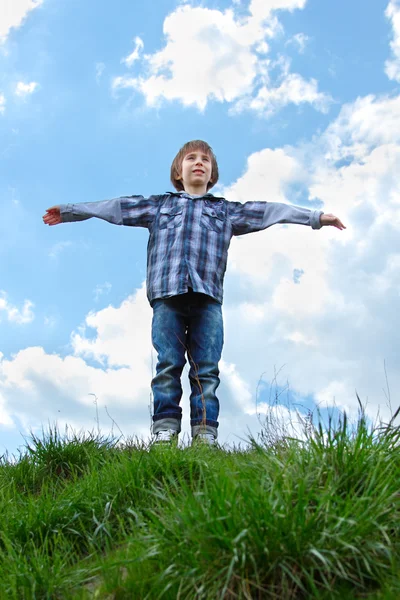 Cheerful boy retro photographer with vintage camera in studio — Stock ...