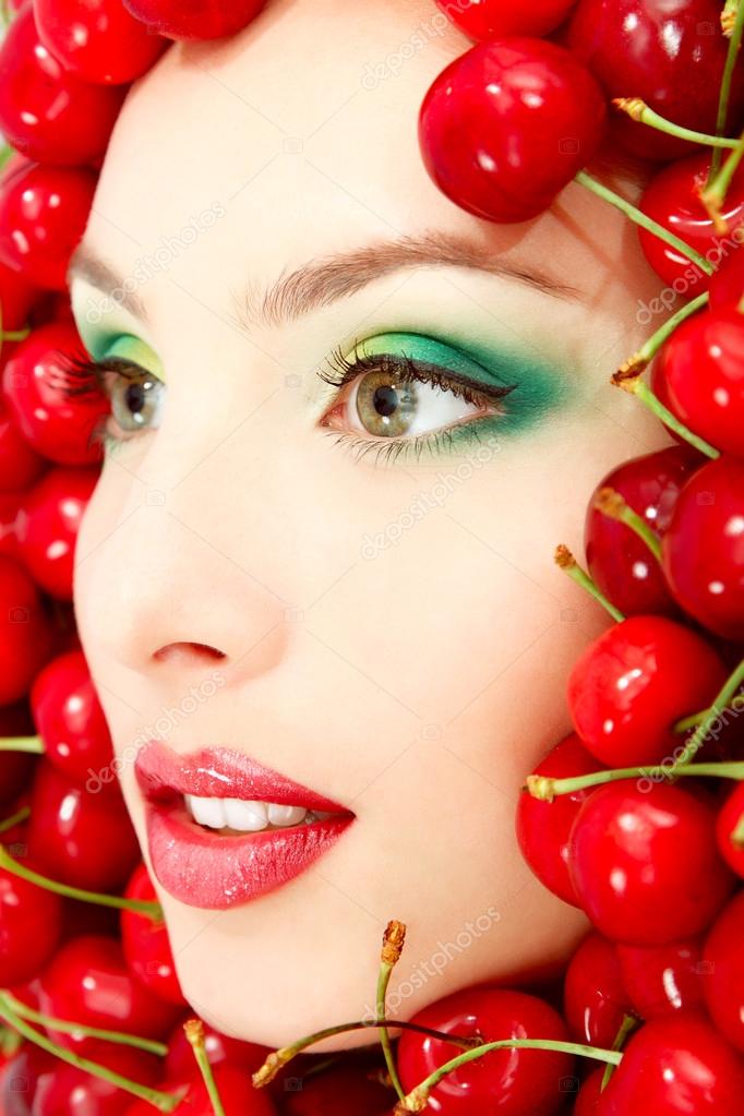 Beautiful woman face with red ripe big fresh cherry — Stock Photo ...