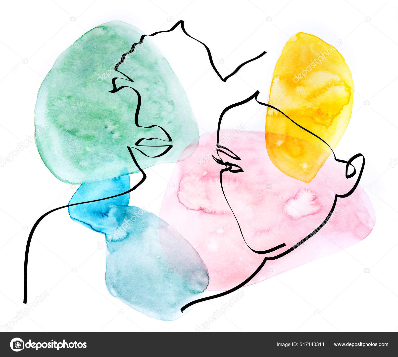 Two Women's Faces Drawing Lines Abstract Watercolor Background Fashion ...