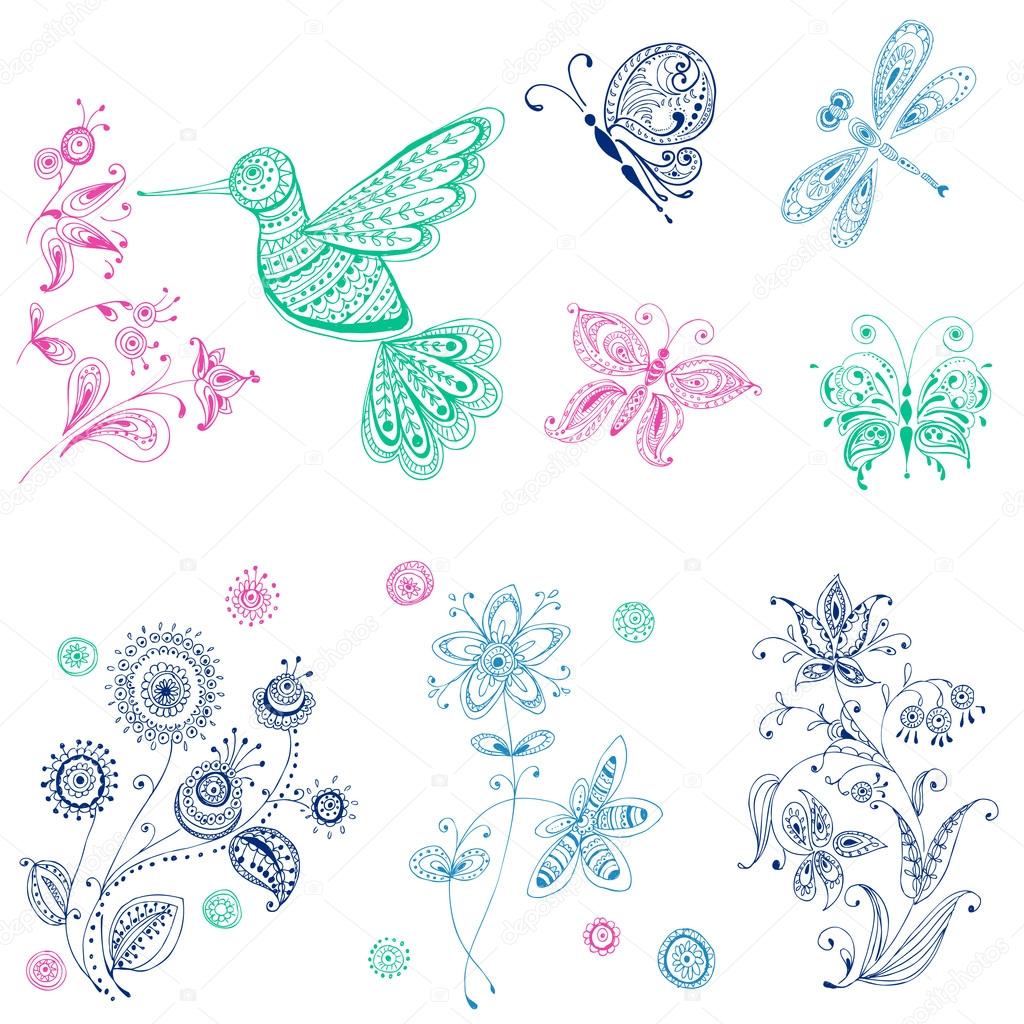 Spring & Summer Doodles - bird, butterflies, flowers - hand drawn Stock ...
