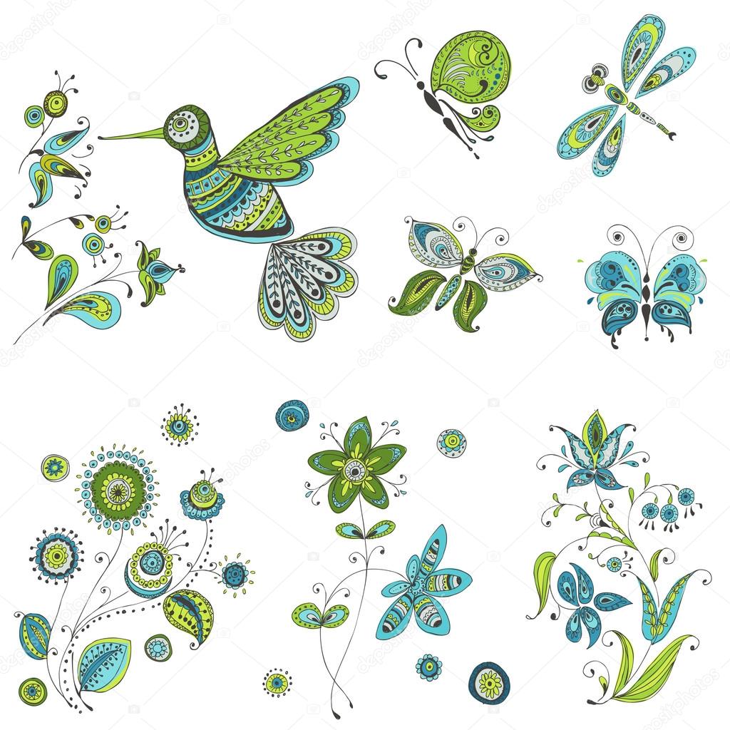 Spring & Summer Doodles - bird, butterflies, flowers Stock Vector Image ...