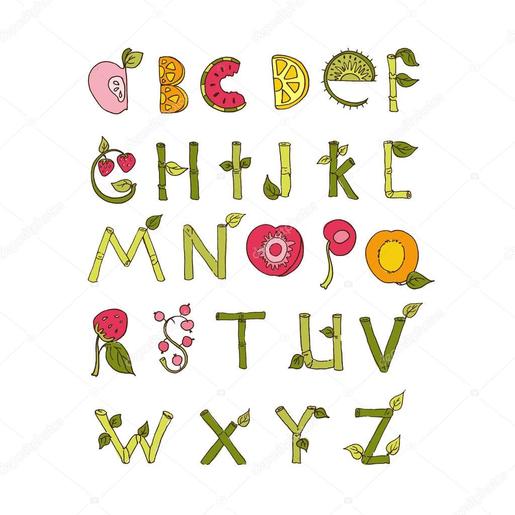 Hand drawn alphabet - Nature and Fruits Elements. Doodle font. — Stock ...