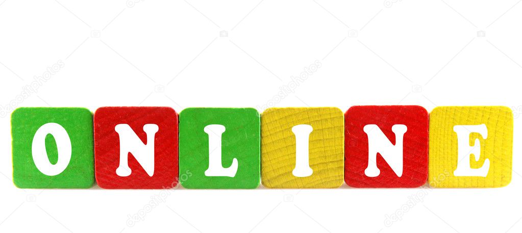 Online - isolated text in wooden building blocks — Stock Photo ...