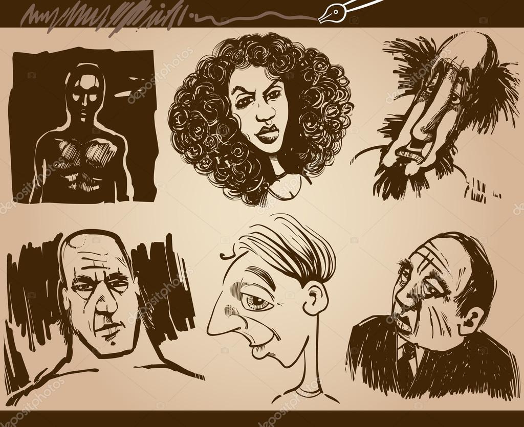 caras caricatura boceto dibujos conjunto 2023