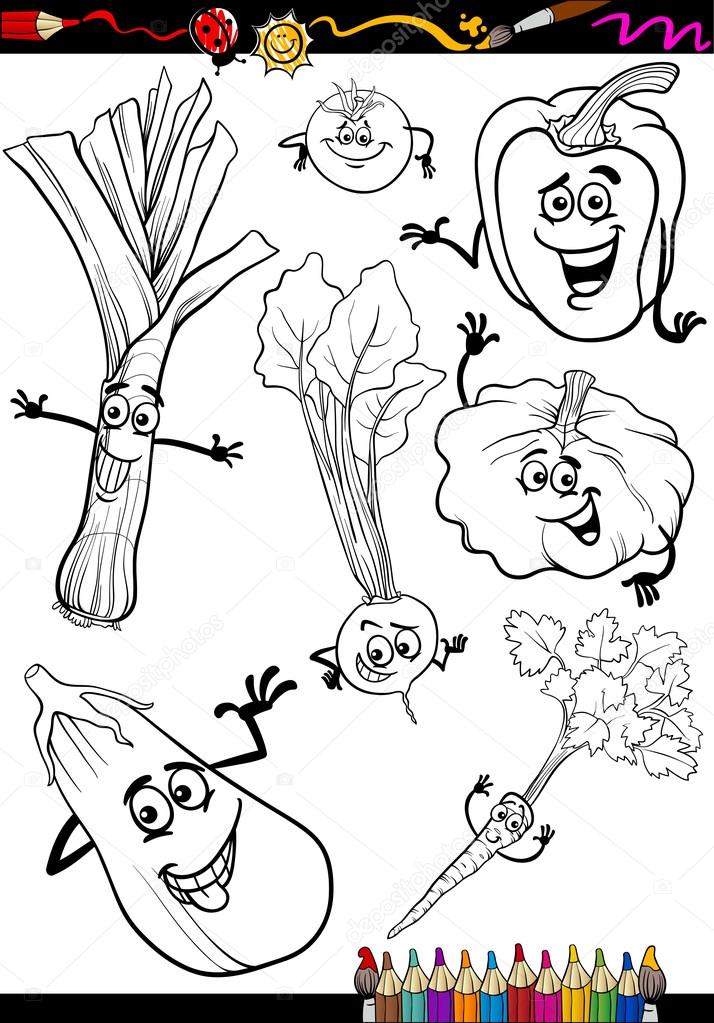 conjunto de verduras de dibujos animados para colorear libro 2023