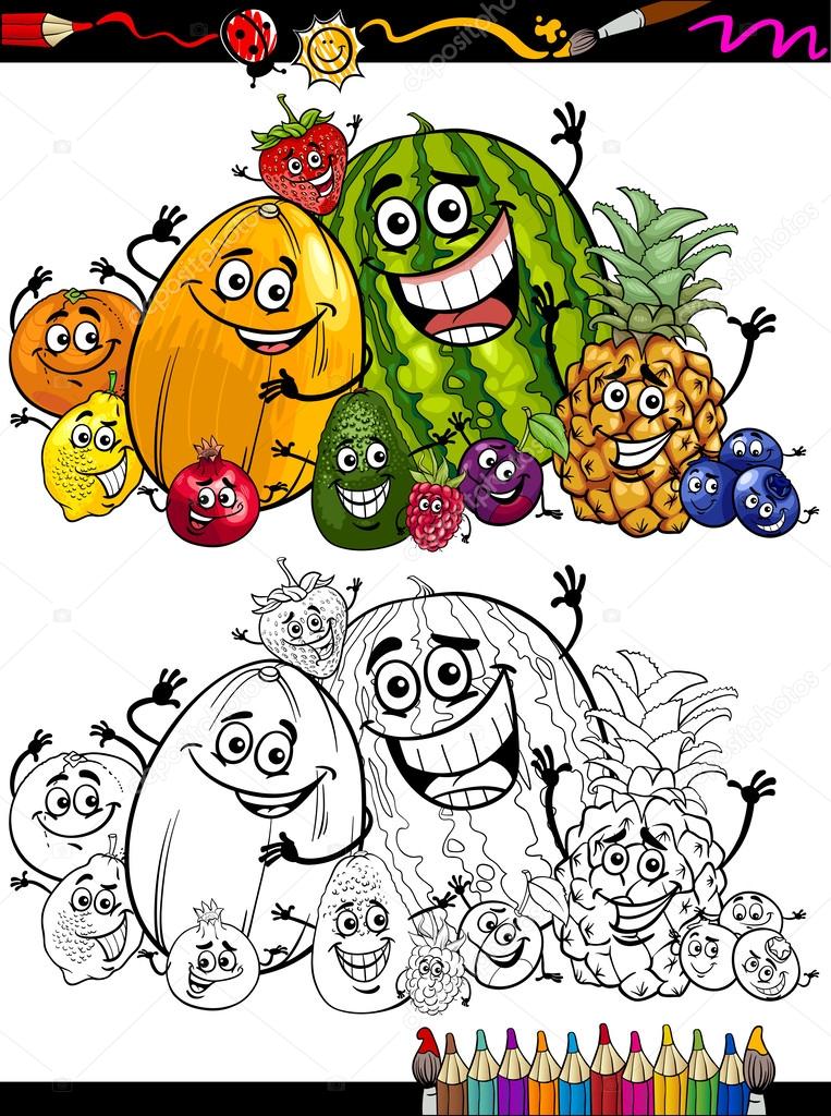 grupo de frutas de dibujos animados para colorear libro 2024