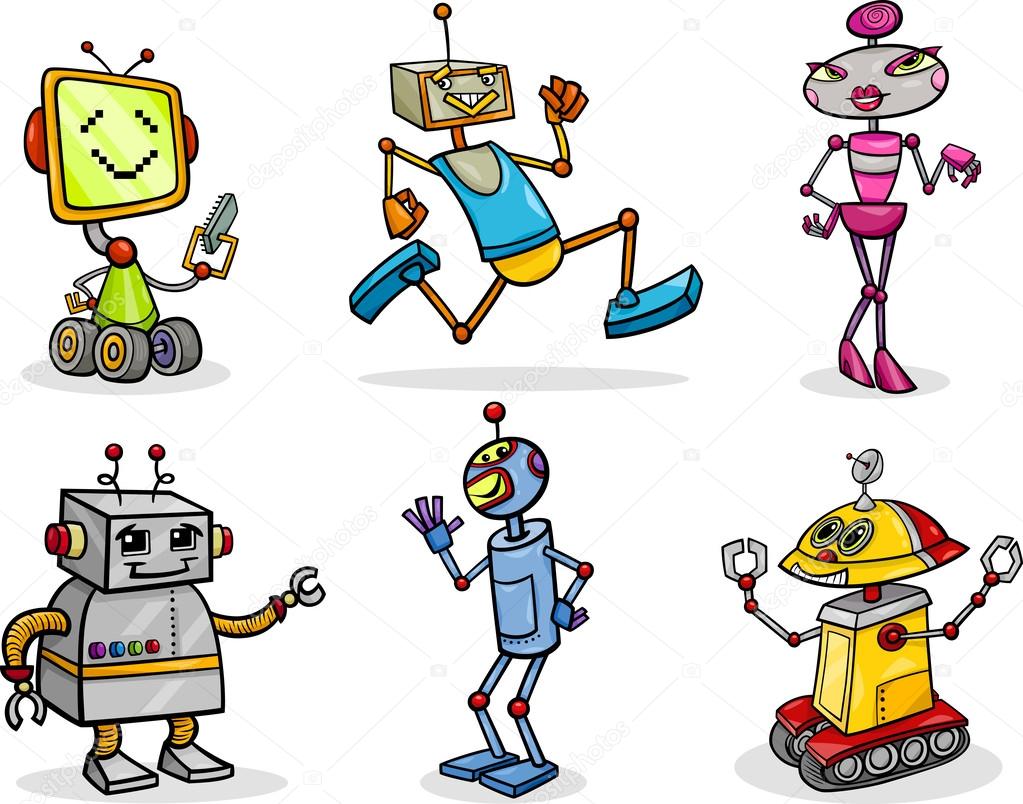 Robots o androides ilustración conjunto de dibujos animados — Vector de ...