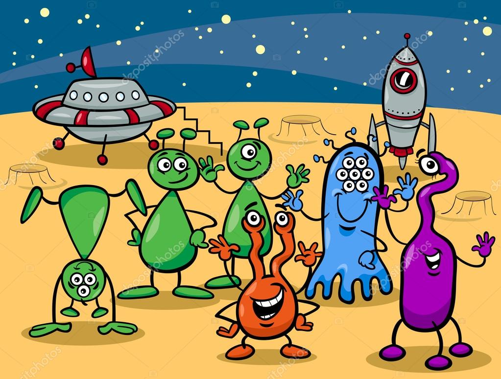 OVNI extraterrestres grupo de dibujos animados ilustración — Vector de ...
