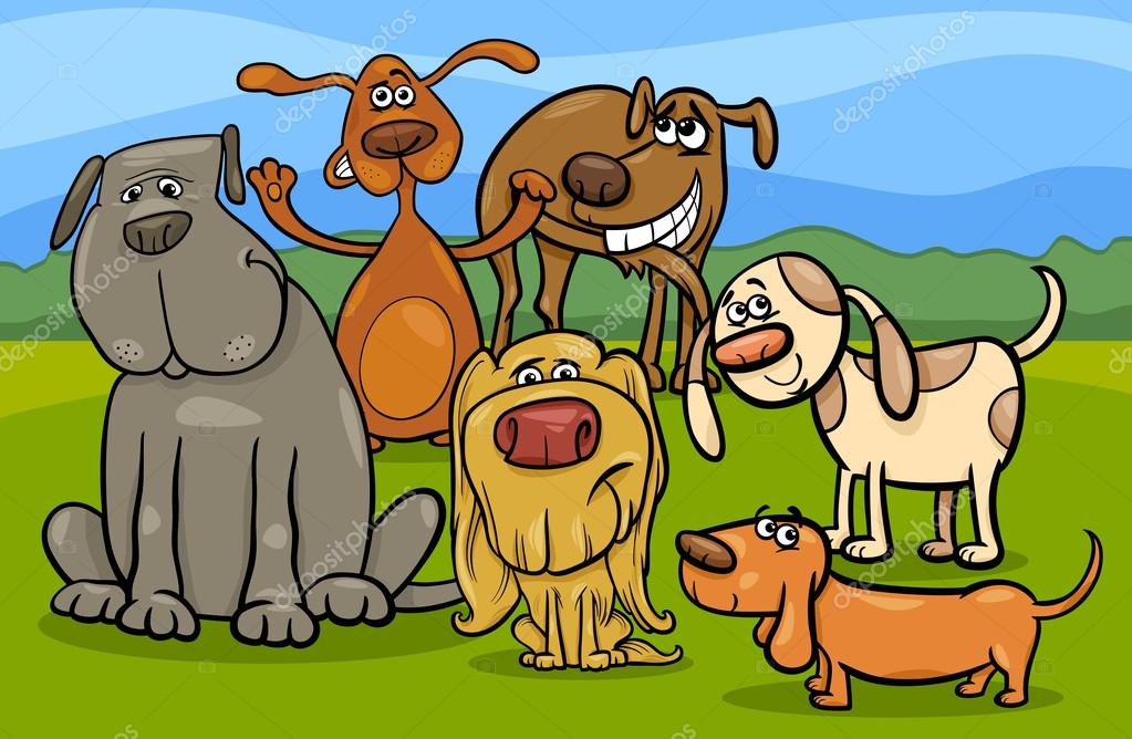 Ilustración de dibujos animados de grupo perros graciosos — Vector de ...