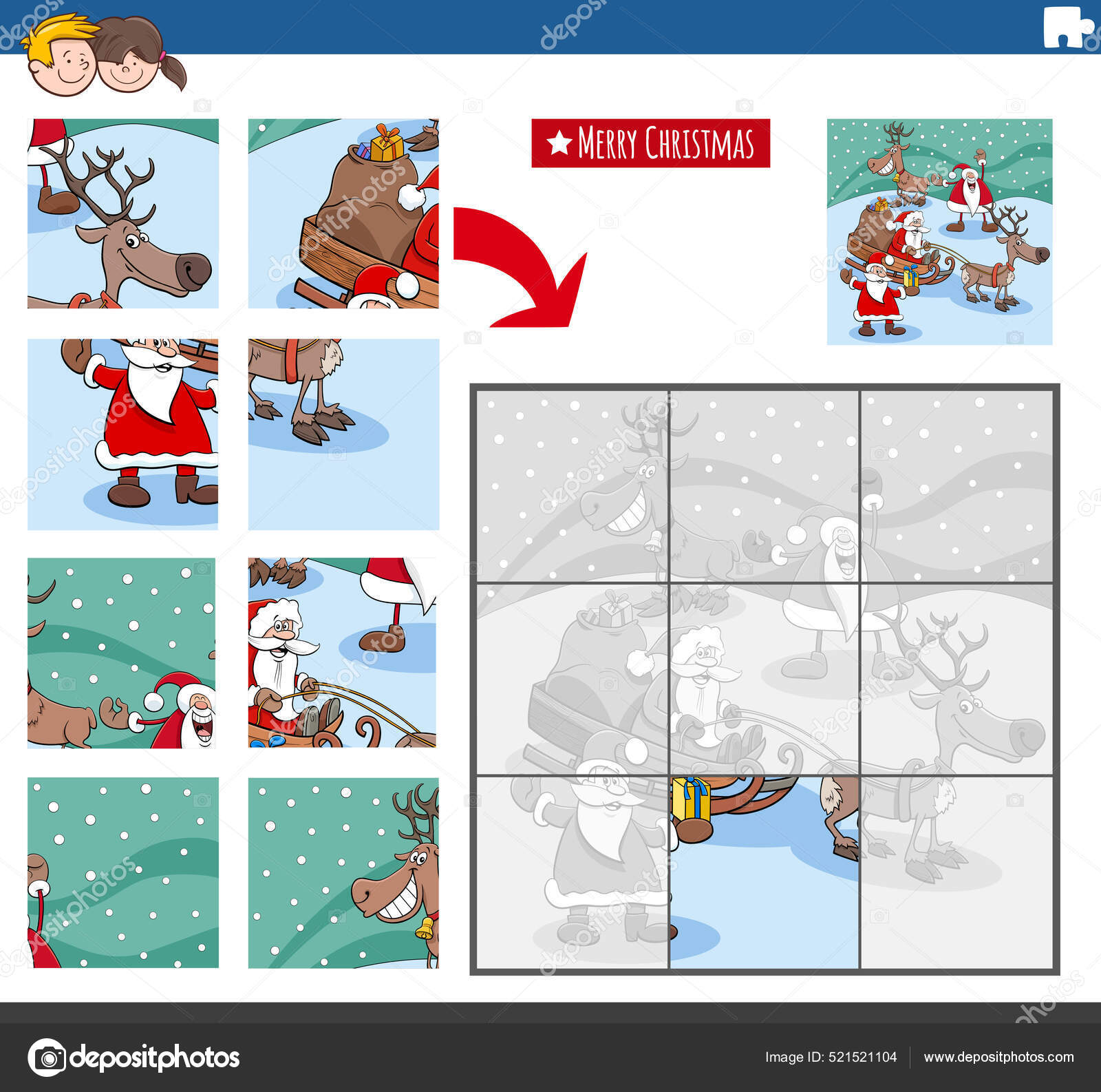 Cartoon Illustration Educational Jigsaw Puzzle Game Children Santa ...