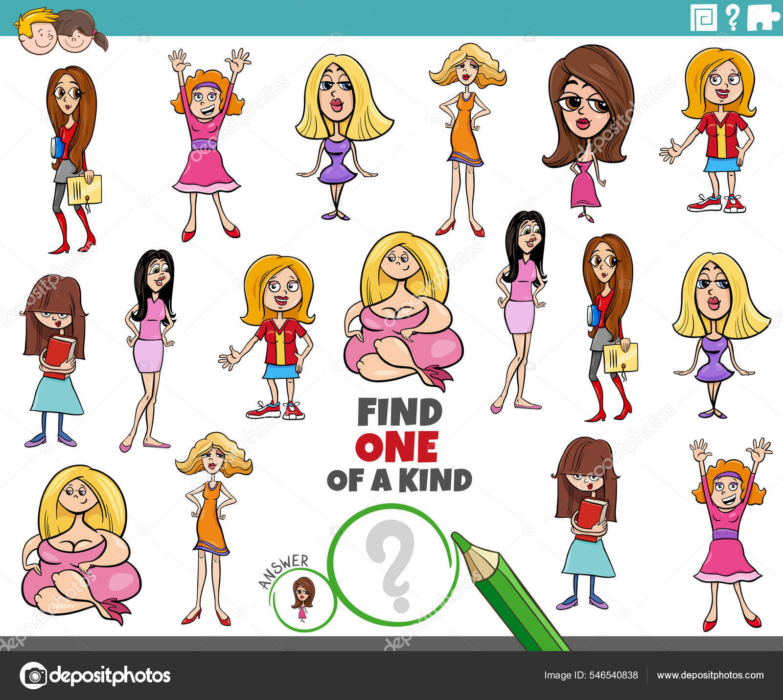 Cartoon Illustration Find One Kind Picture Task Comic Girls Women Stock
