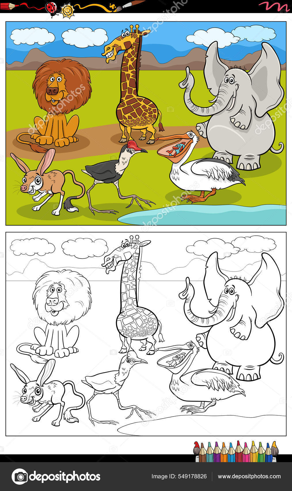 Zeichentrick Illustration Von Tier Comic Figuren Gruppe Malbuch Seite ...