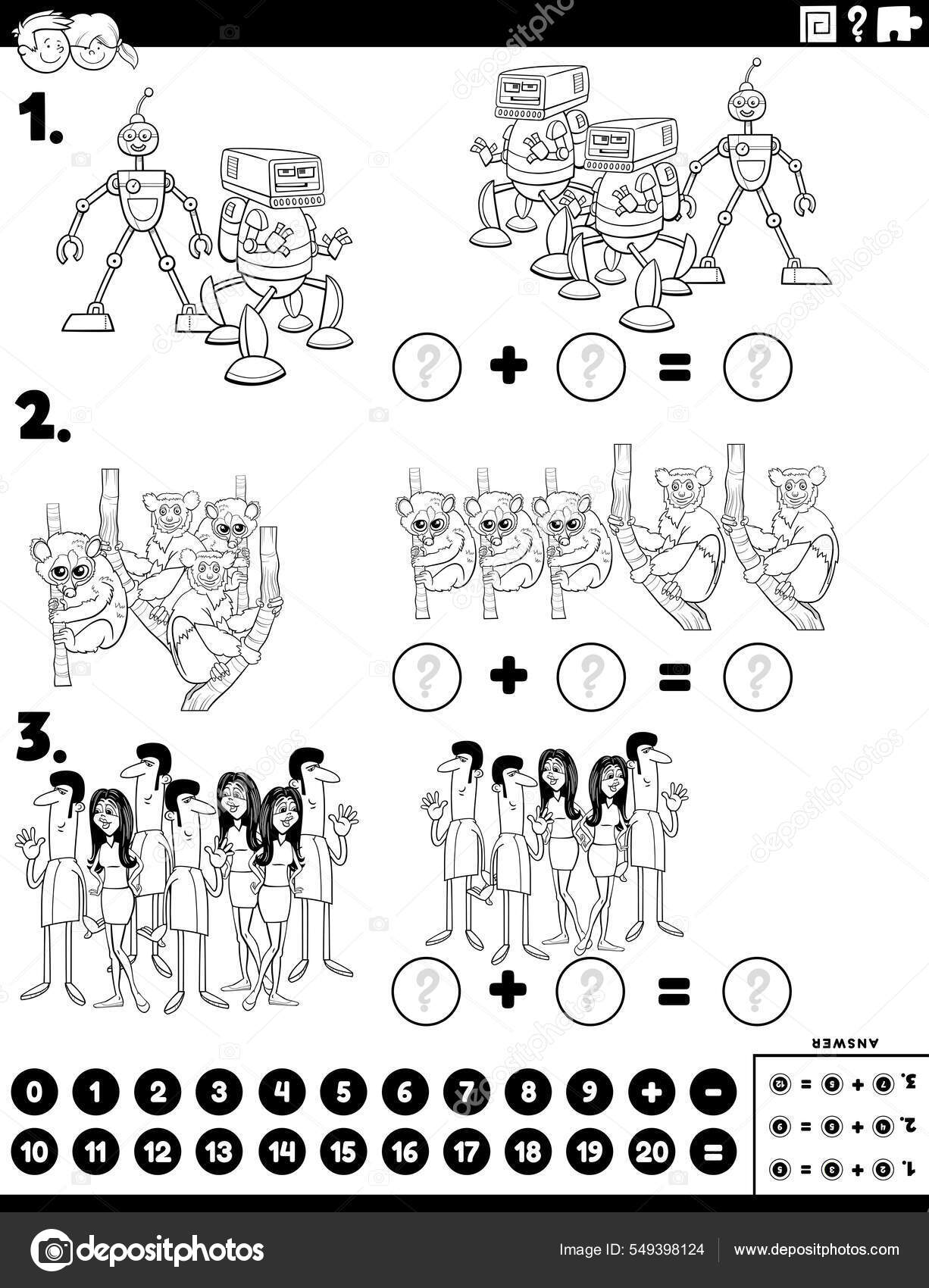 Black White Cartoon Illustration Educational Mathematical Addition ...