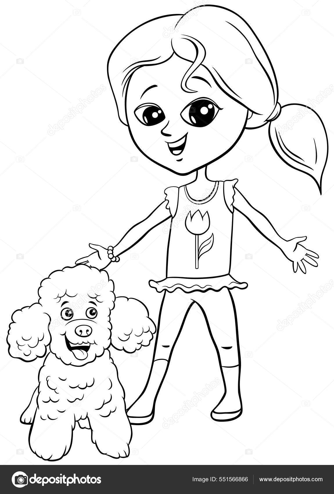 Černobílé Kreslené Ilustrace Roztomilé Dívky Pudl Pes Charakter ...