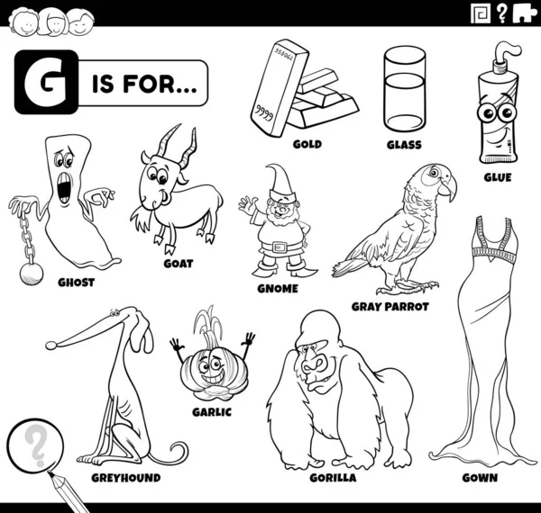 ilustración de dibujos animados educativos en blanco y negro para niños con personajes cómicos y ...