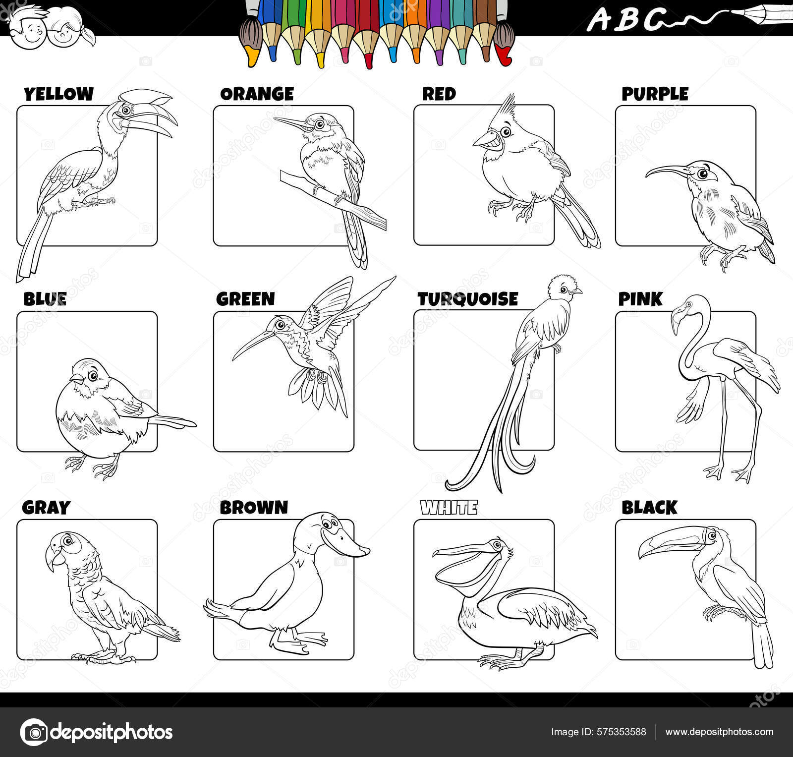 Desenhos Animados Preto Branco Ilustração Cores Básicas Com Aves ...