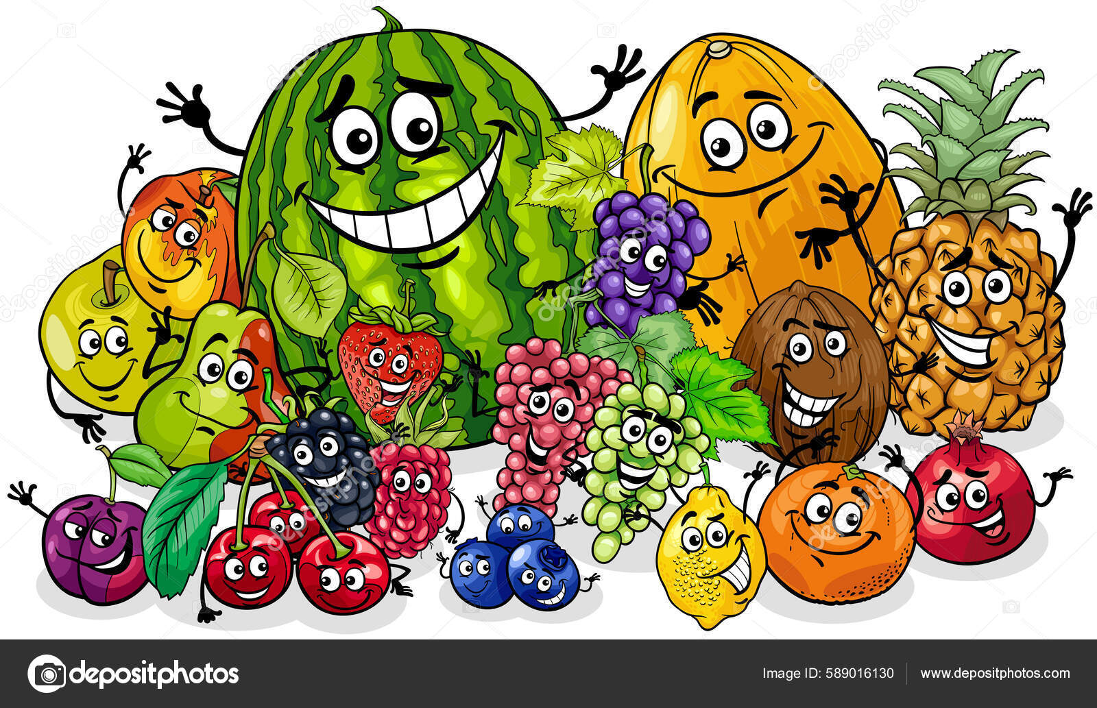 Cartoon Illustration Happy Fruit Comic Characters Group Vector de stock ...