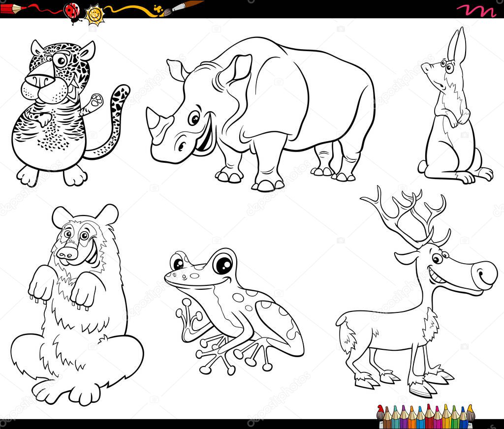 Black and white cartoon illustration of funny wild animals characters ...