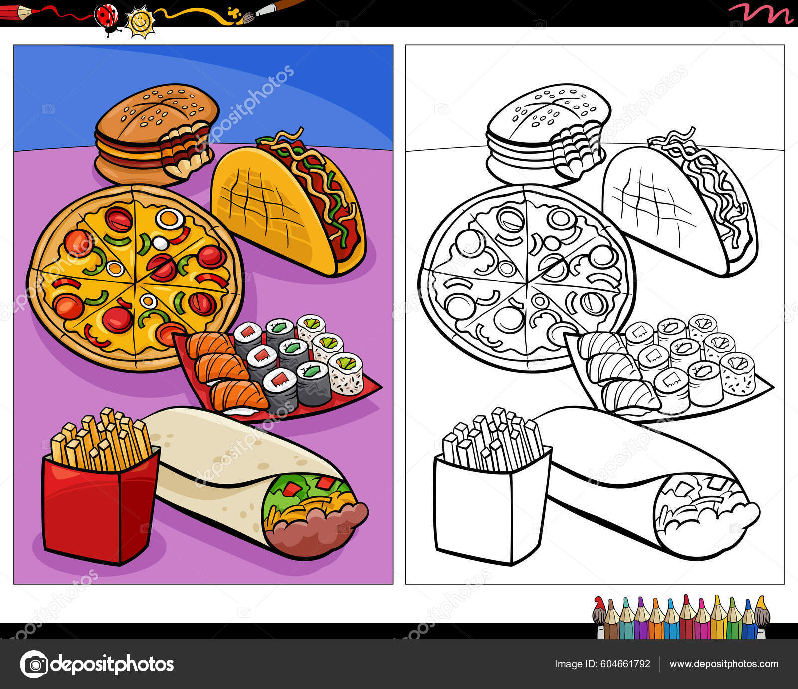 Cartoon Illustration Food Dishes Objects Group Coloring Page ...