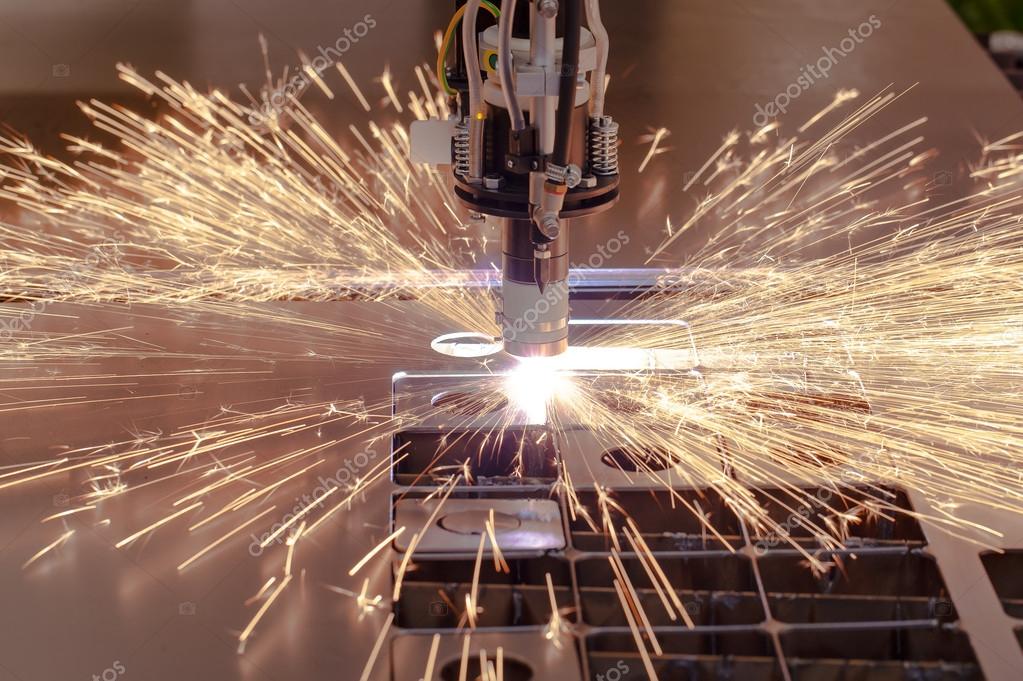 Plasma cutting process of metal with sparks — Stock Photo © mbongo ...