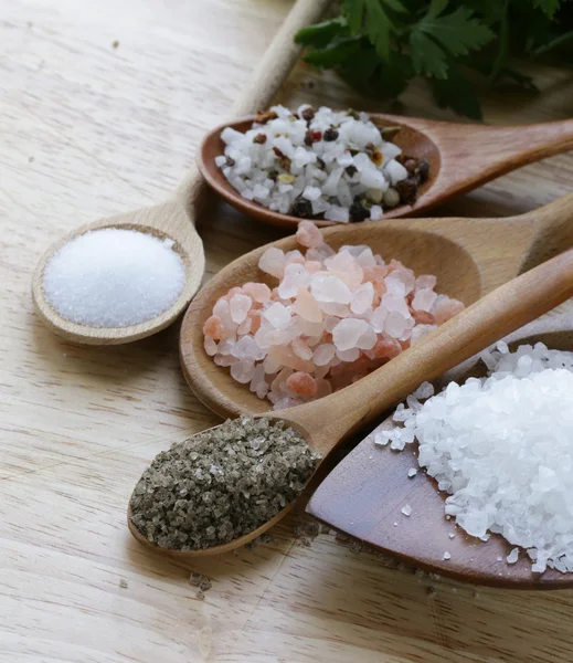 Different types of salt (pink, sea, black, and with spices) — Stock ...