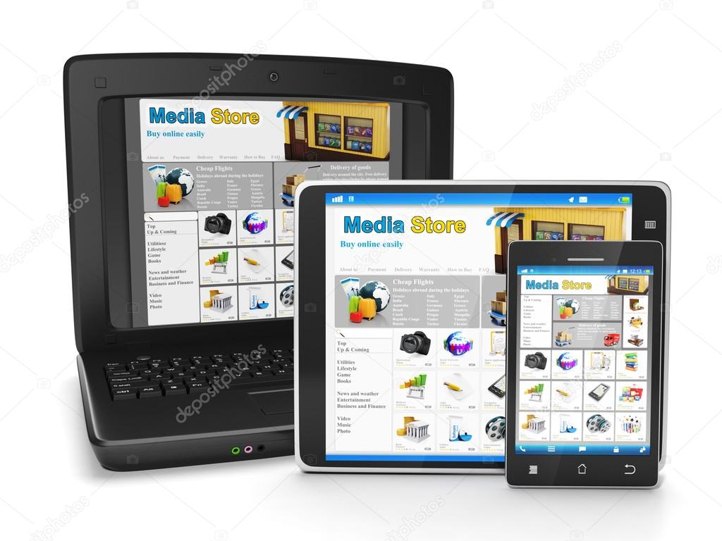 The group of mobile technology media store. Tablet PC, laptop an Stock ...
