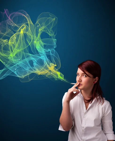 Pretty Young Lady Smoking Cigarette Colorful Smoke Stock Photo by ...