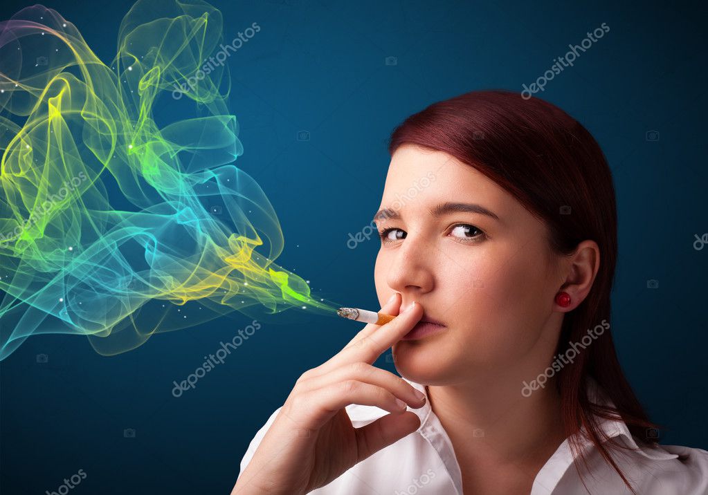 Pretty lady smoking cigarette with colorful smoke Stock Photo by ...