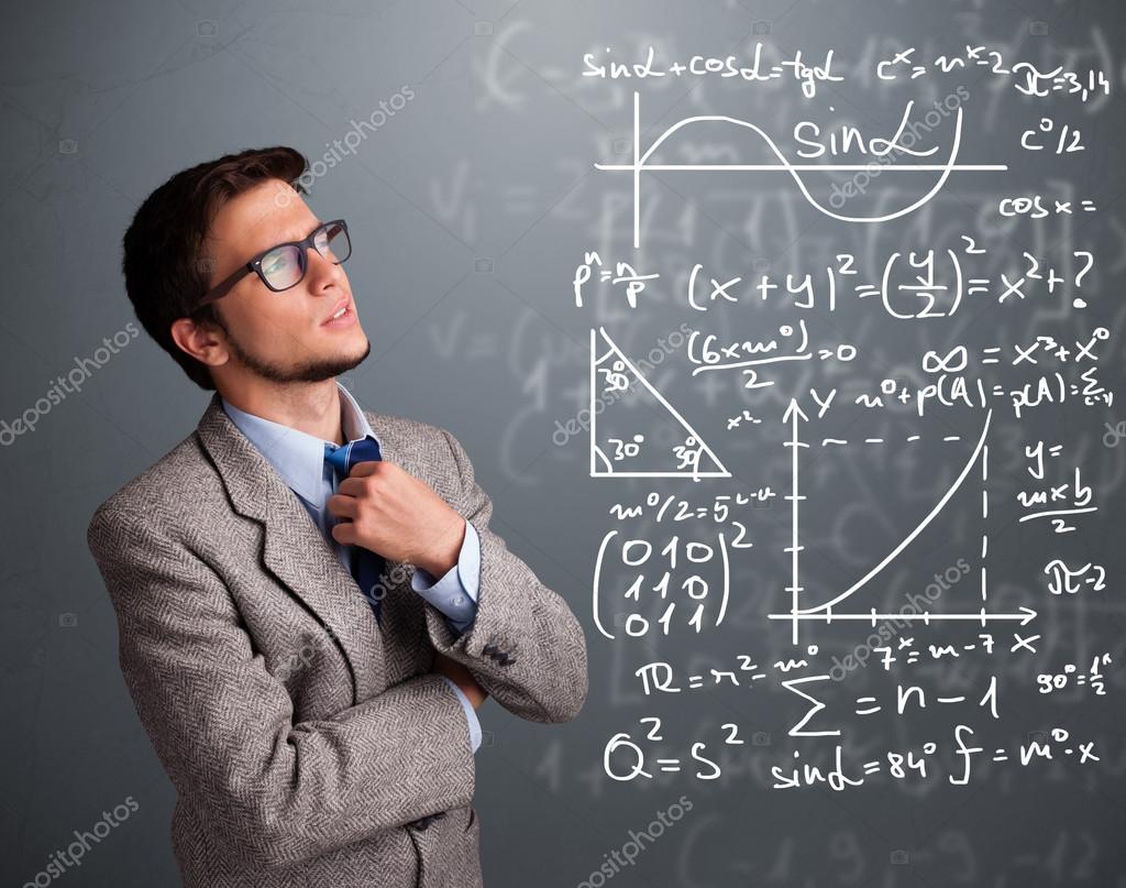 Handsome school boy thinking about complex mathematical signs Stock ...