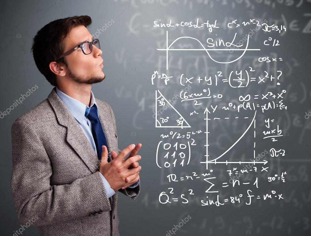 Handsome school boy thinking about complex mathematical signs Stock ...