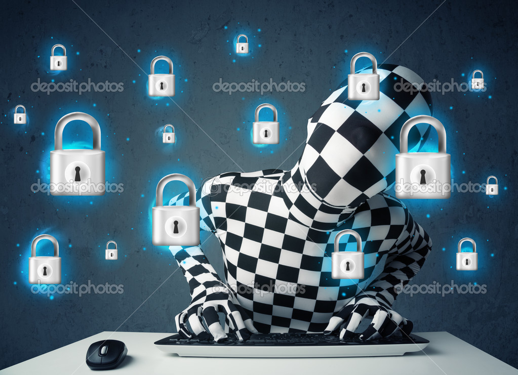 Hacker in disguise with virtual lock symbols and icons Stock Photo by ...