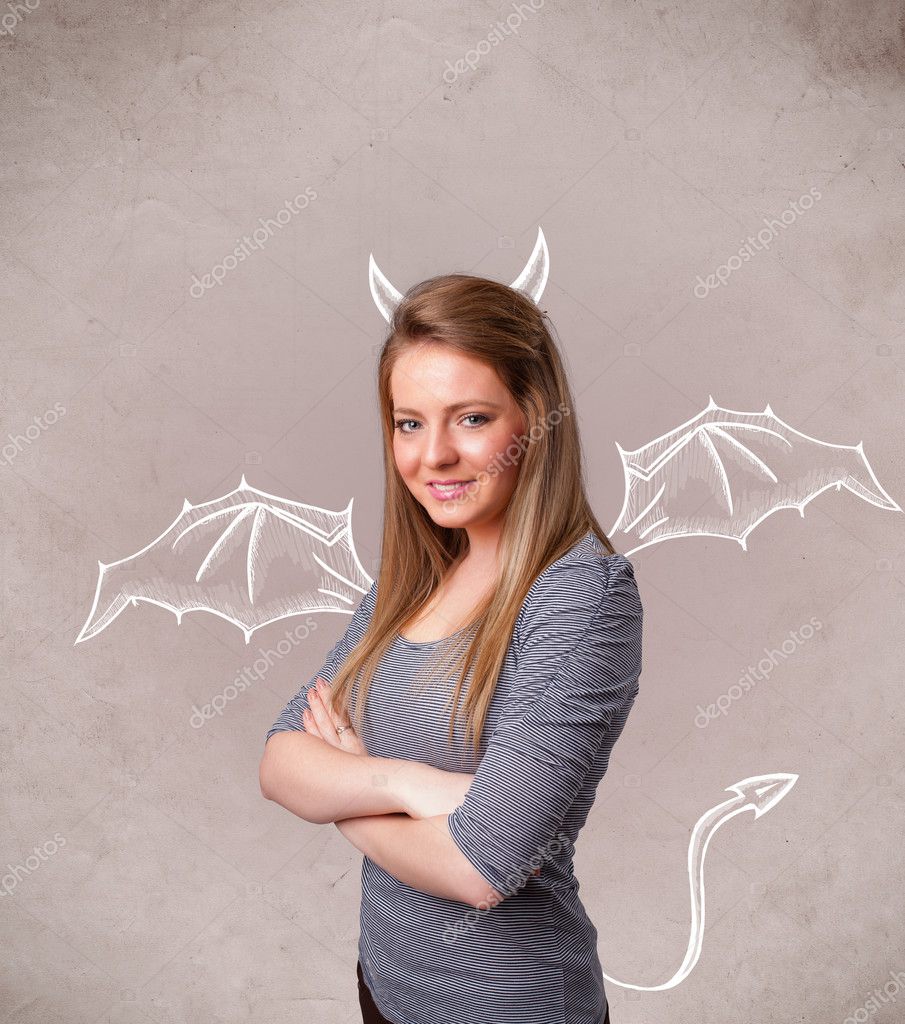 Young girl with devil horns and wings drawing — Stock Photo © ra2studio ...