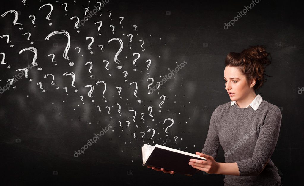 Pretty woman reading a book with question marks coming out from — Stock ...