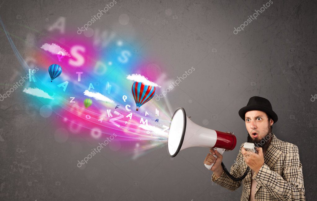 Man shouting into megaphone and abstract text and balloons come Stock ...