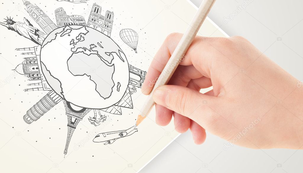 Dibujo a mano viaje de vacaciones alrededor de la tierra con hitos y c ...