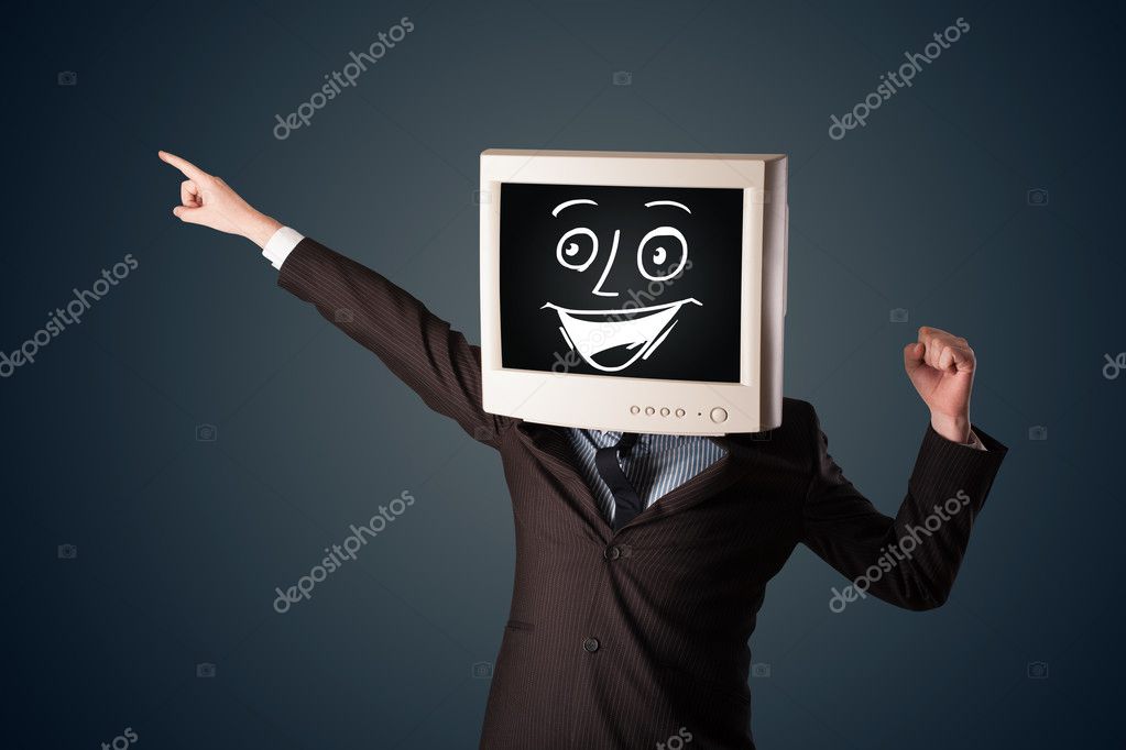Happy businessman with a PC monitor head and a smiley face — Stock ...