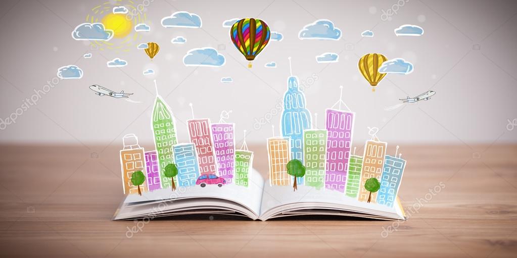 Cityscape drawing on open book — Stock Photo © ra2studio #33312739