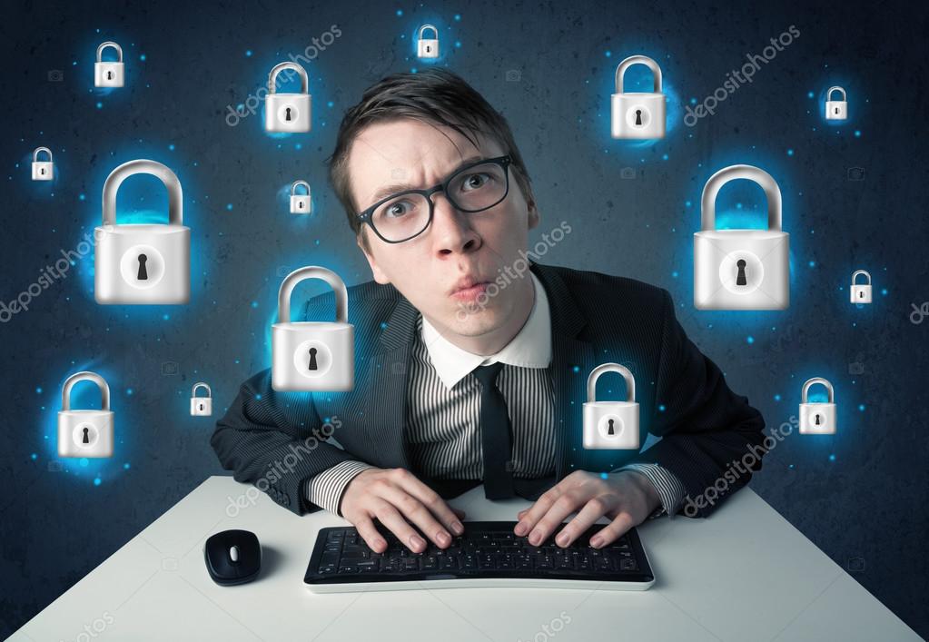 Young hacker with virtual lock symbols and icons Stock Photo by ...