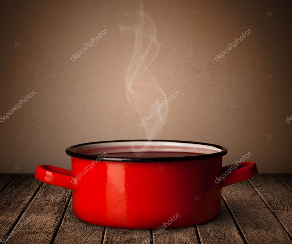 Pot on old wooden table — Stock Photo © ra2studio #34395583