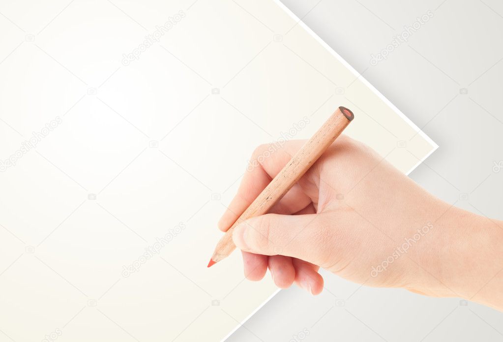 Human hand drawing with pencil on empty paper template — Stock Photo ...