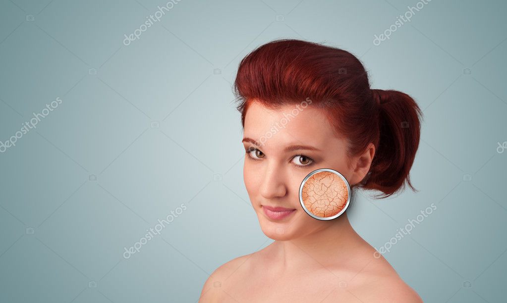 Beautiful young girl with magnifying glass of skin damage Stock Photo ...