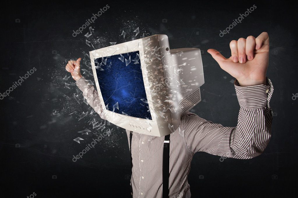 Computer monitor screen exploding on a young persons head Stock Photo ...