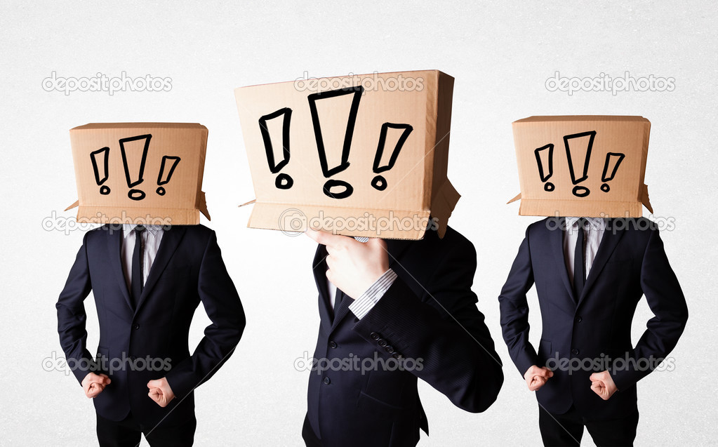 Men gesturing with exclamation marks on box on their head — Stock Photo ...