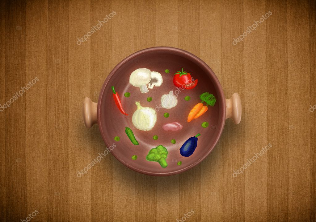 Colorful plate with hand drawn icons, symbols, vegetables and fr ...